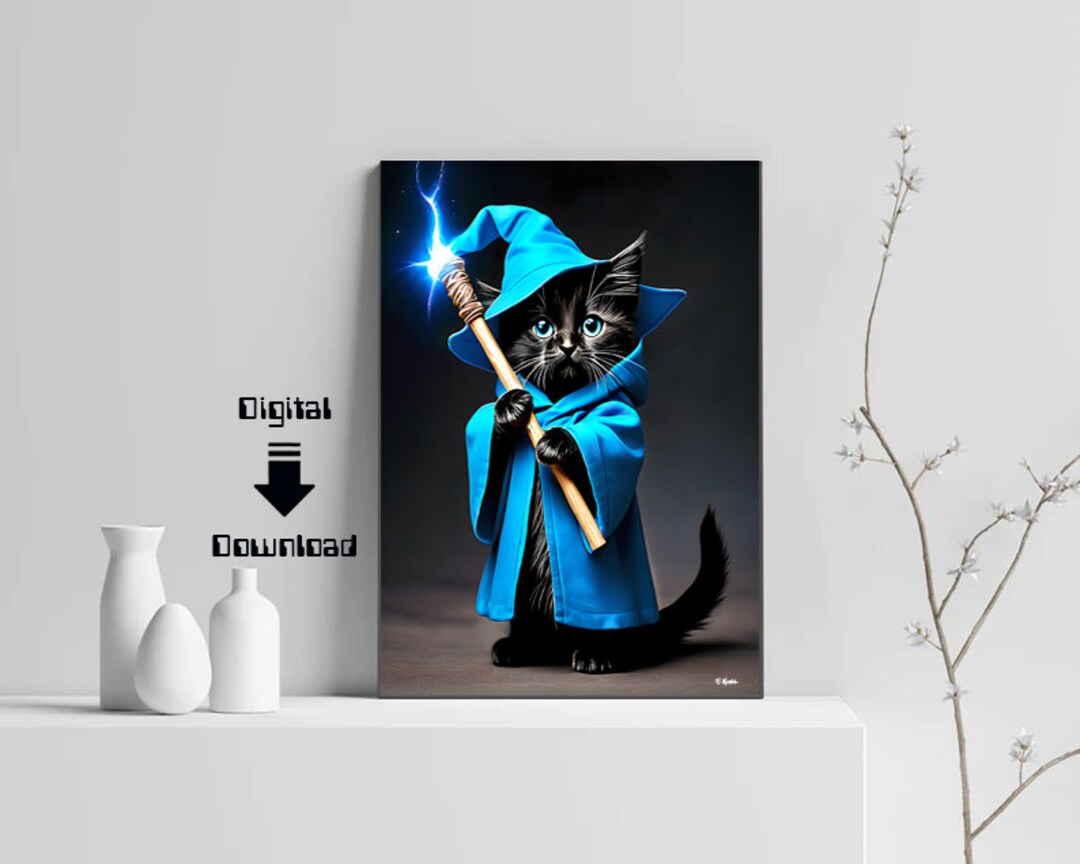 Whimsical Wizard Cat Art Print,digital Download,black Cat Wall Decor ...