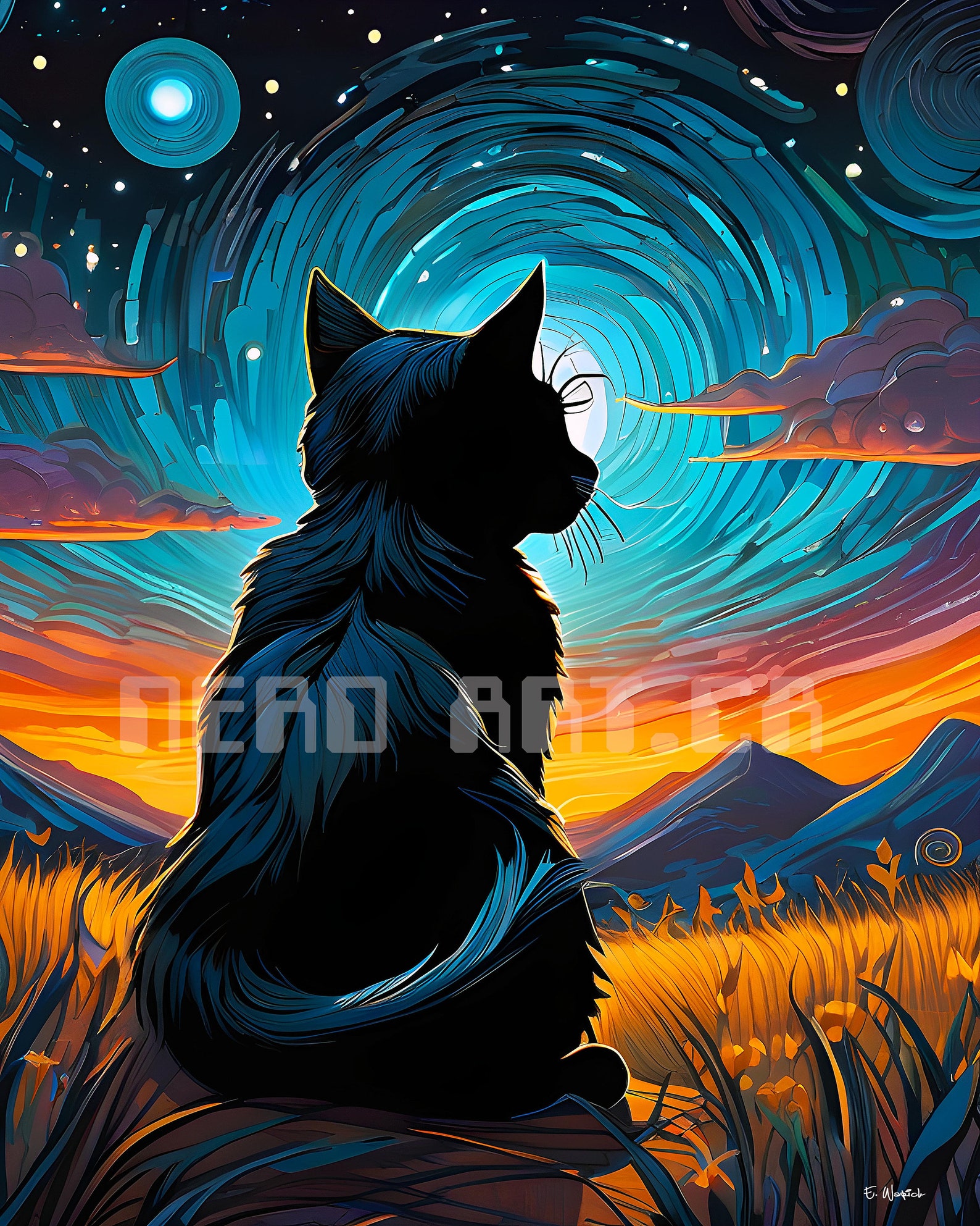 Starry Night Vinny Gazing, Black Cat, Black Cat Art Prints, Watercolor ...