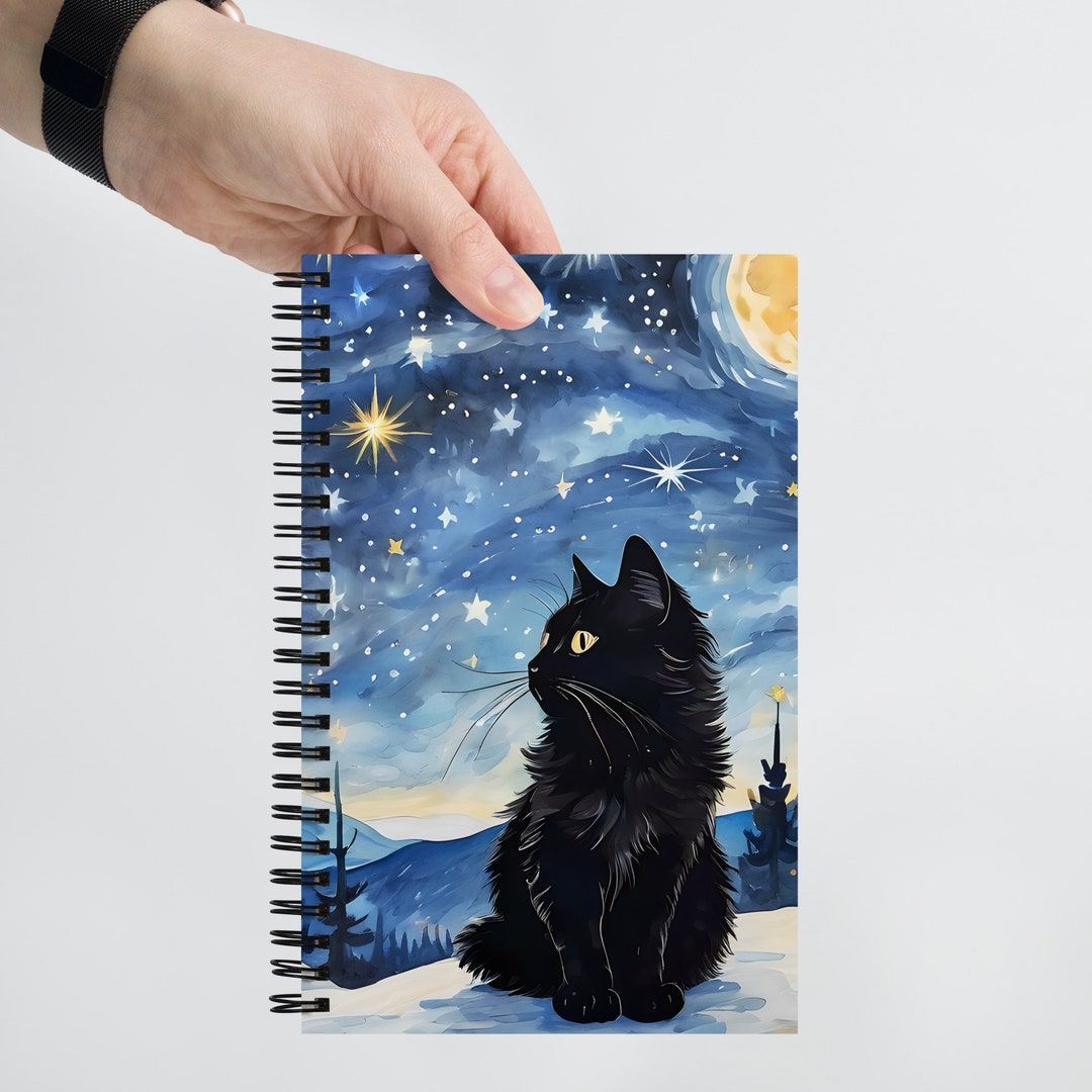 Spiral Notebook, Starry Night Notebook, Cute Black Cat Journal, Black ...