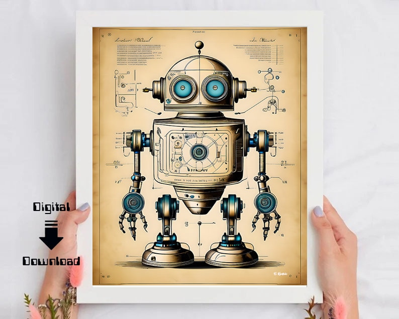 Robot Art Schematics Art Print, Robot Art, Retro Robot Art,kid's Room ...