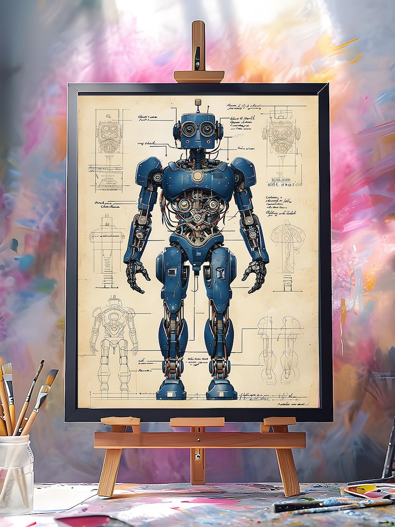 Futuristic Humanoid Robot Schematics Digital Blueprint Drawing, Robot ...
