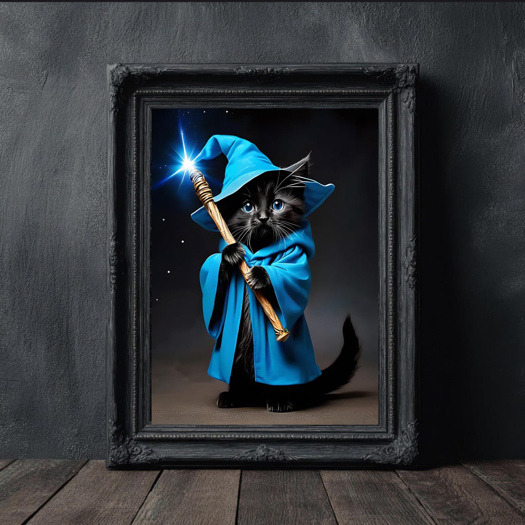 Whimsical Wizard Cat Art Print,digital Download,black Cat Wall Decor ...