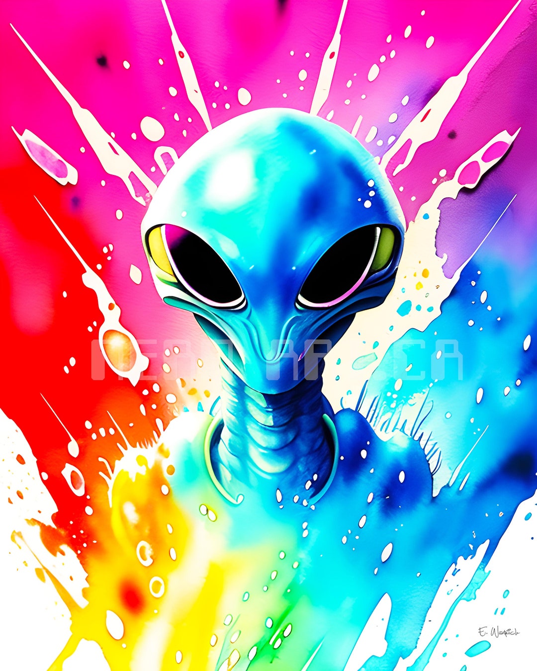 Alien Art Print, Colorful Alien, Digital Download Alien, Retro Alien ...