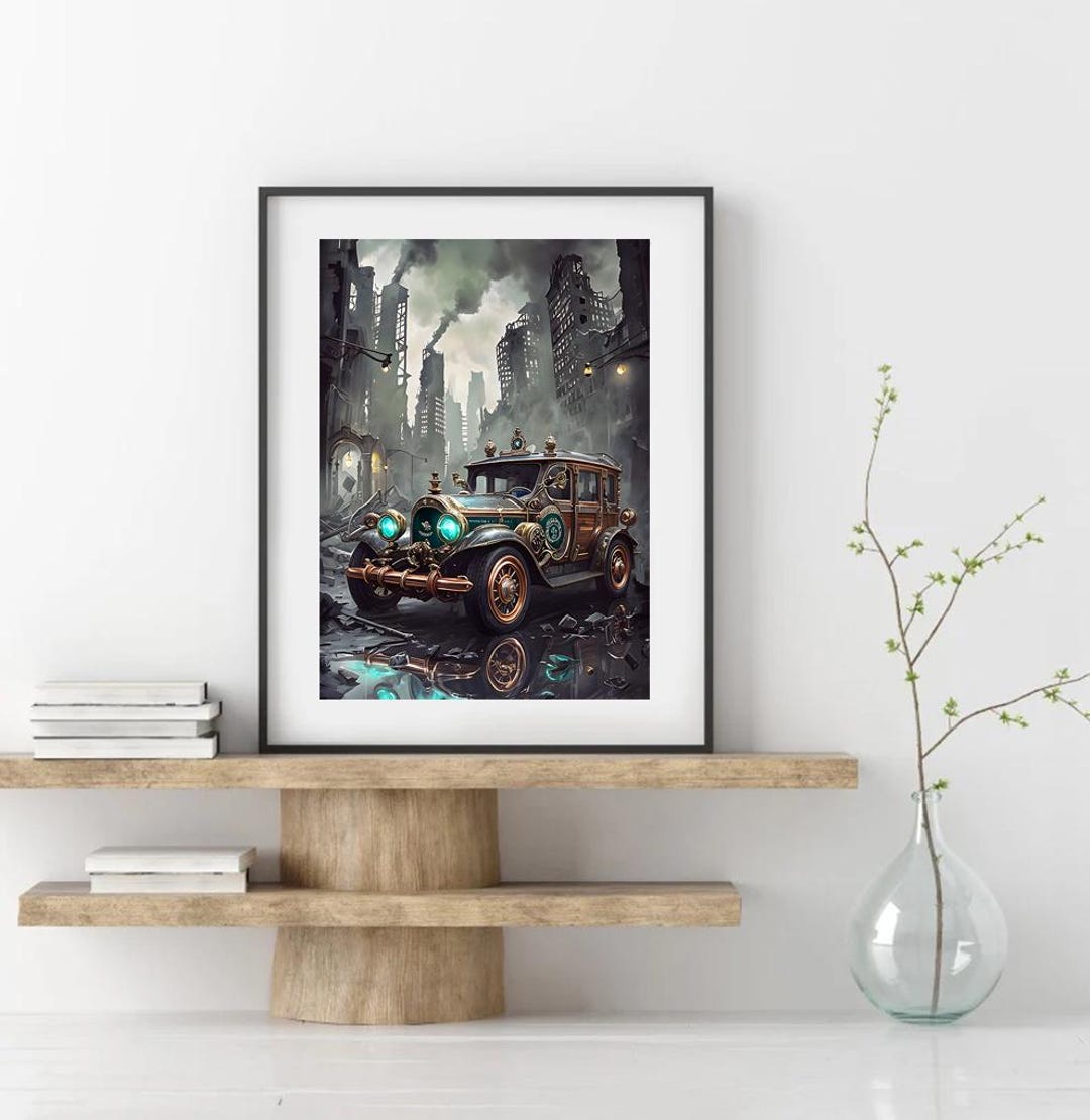 Steampunk Police Car Art Print, Vintage Futuristic Vehicle, Steampunk ...