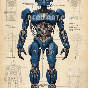Futuristic Humanoid Robot Schematics Digital Blueprint Drawing, Robot ...