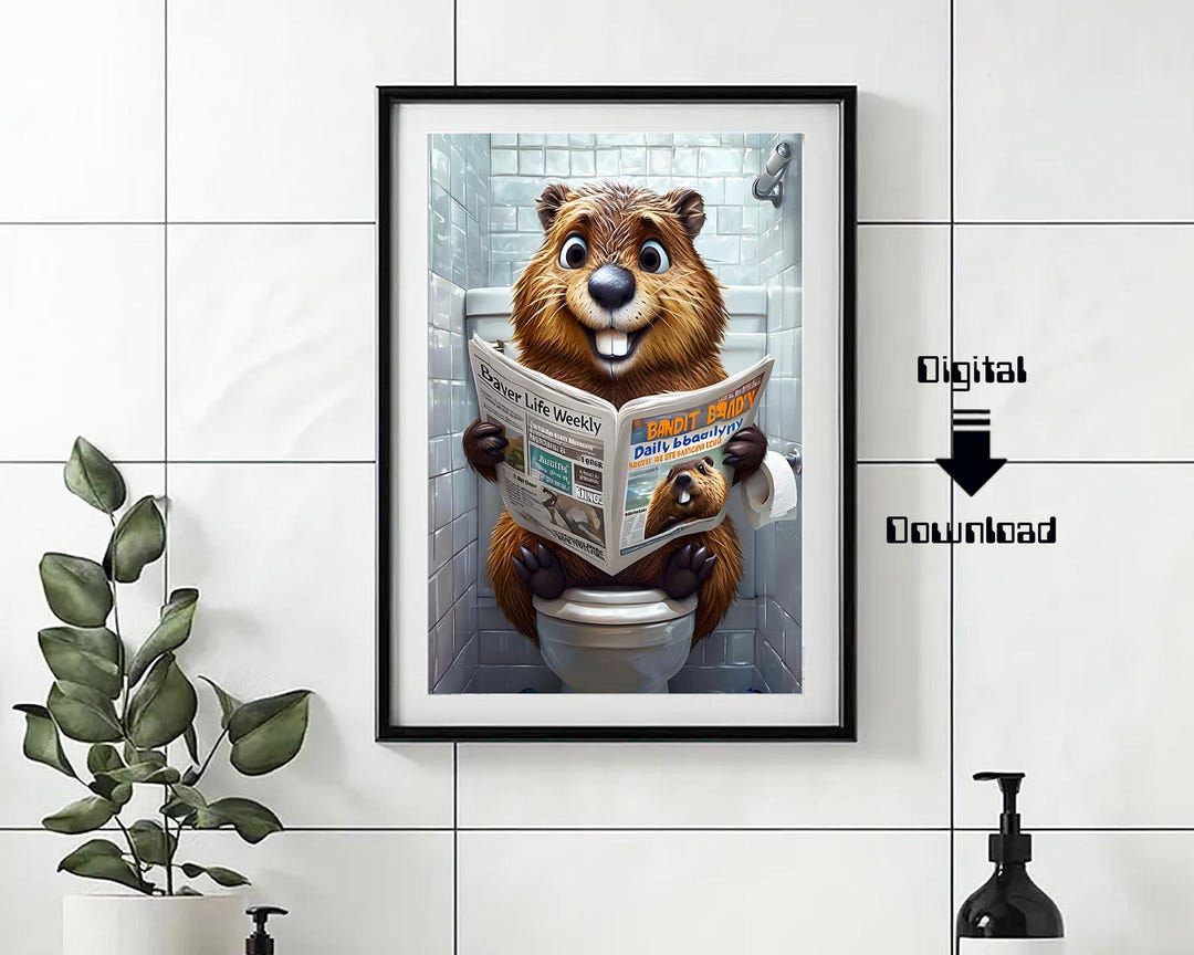 Beaver on the Toilet Reading a Newspaper - Funny Bathroom Humor, Wall ...