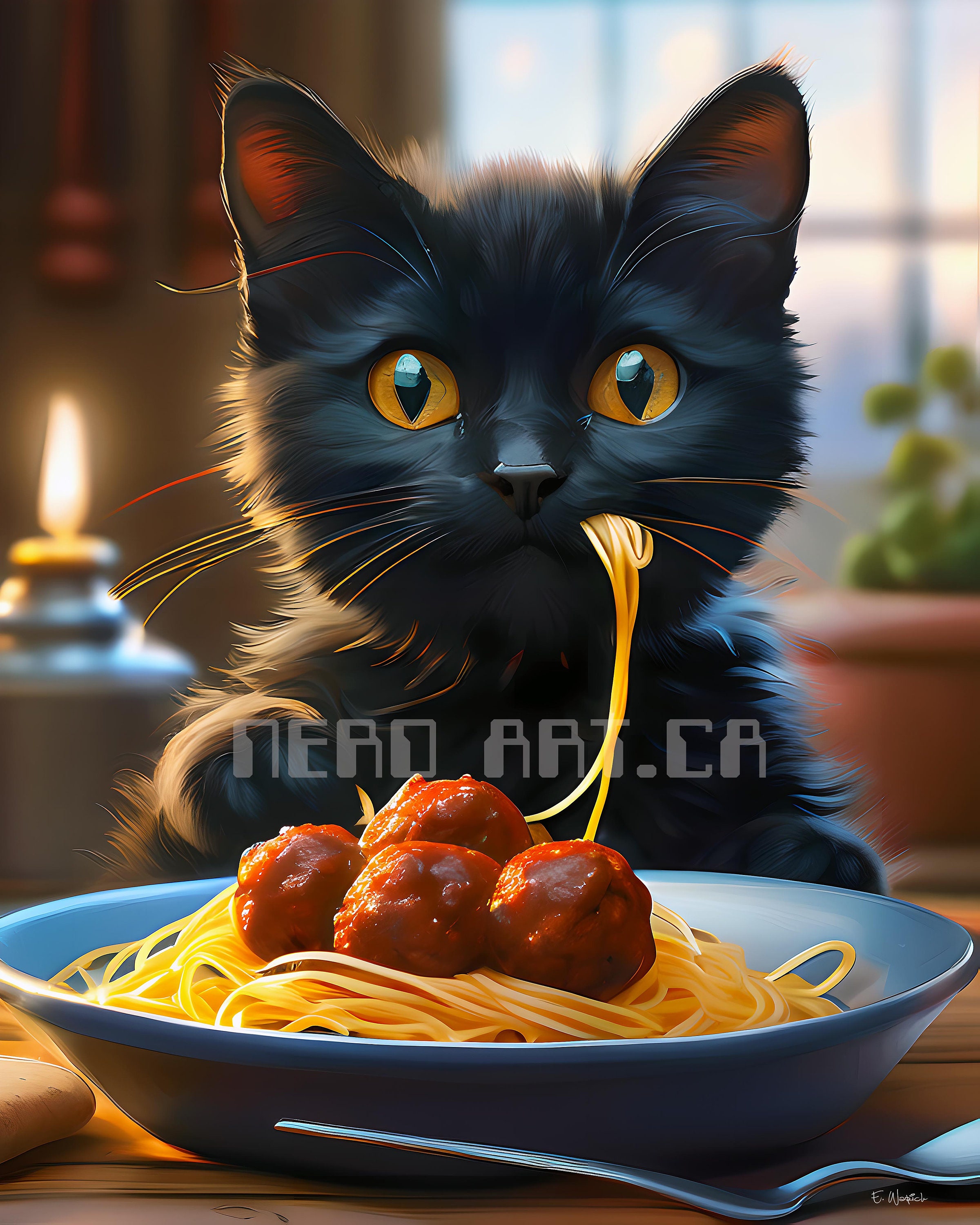 Spaghetti for One Art Print, Black Cat Art, Cat Eating Spaghetti Art ...