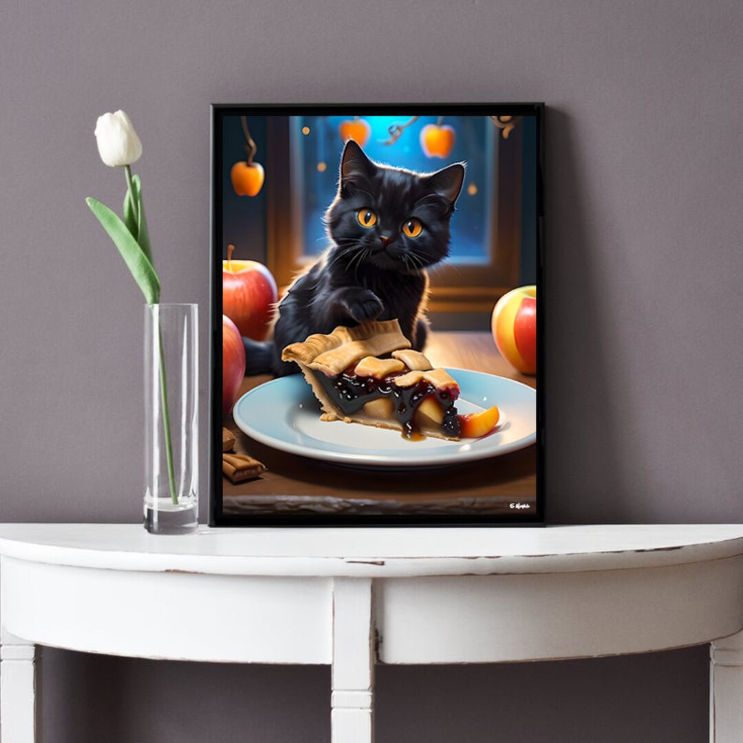Apple Pie Cat Art, Black Cat Art Print, Apple Pie Art Print, Cat Lover ...