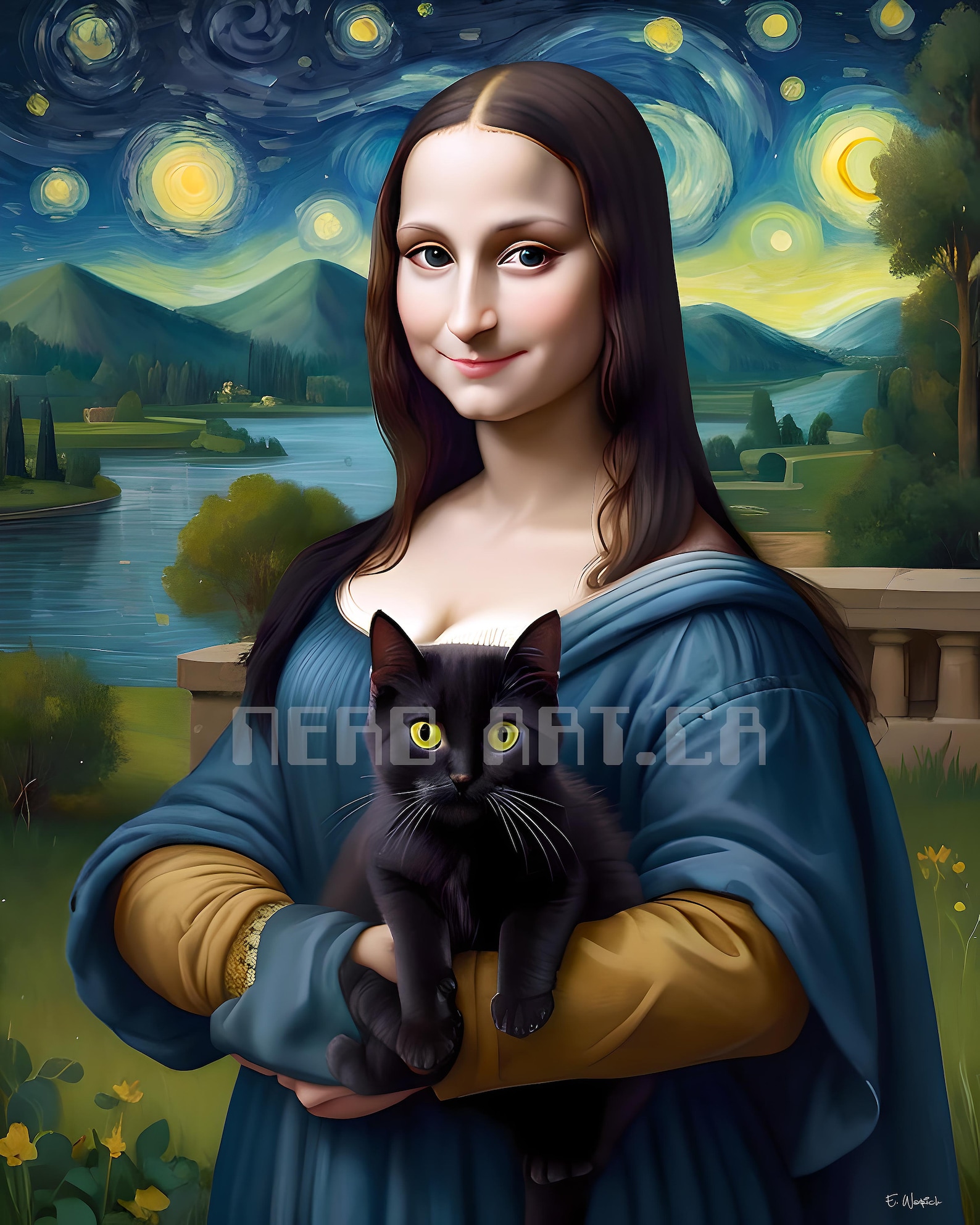 Mona Kitty, Mona Lisa With a Black Cat, Cat Wall Art, Black Cat Art ...