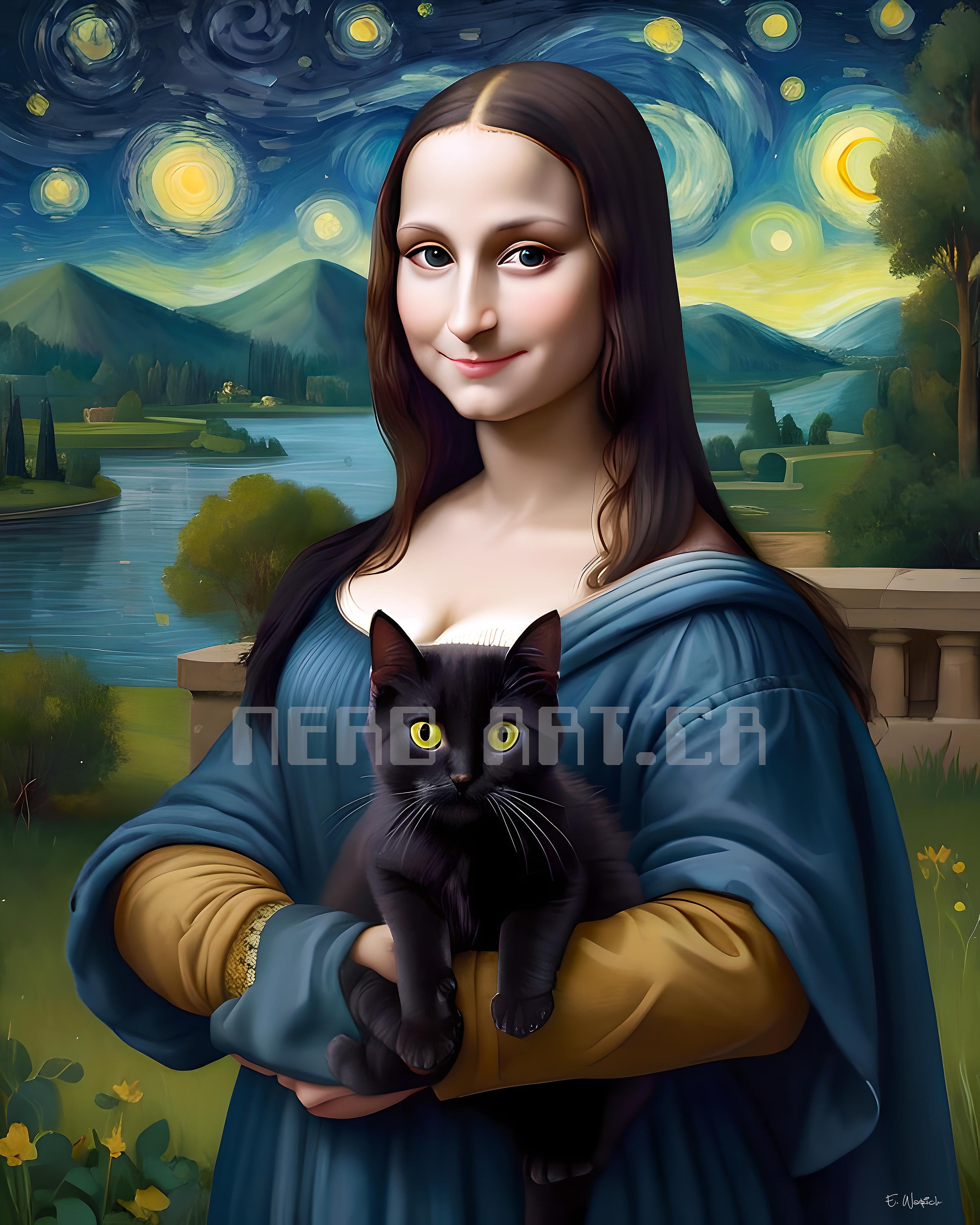Mona Kitty, Mona Lisa With a Black Cat, Cat Wall Art, Black Cat Art Print, Mona Lisa, Leonardo ...
