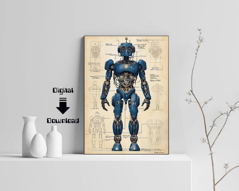 Futuristic Humanoid Robot Schematics Digital Blueprint Drawing, Robot ...