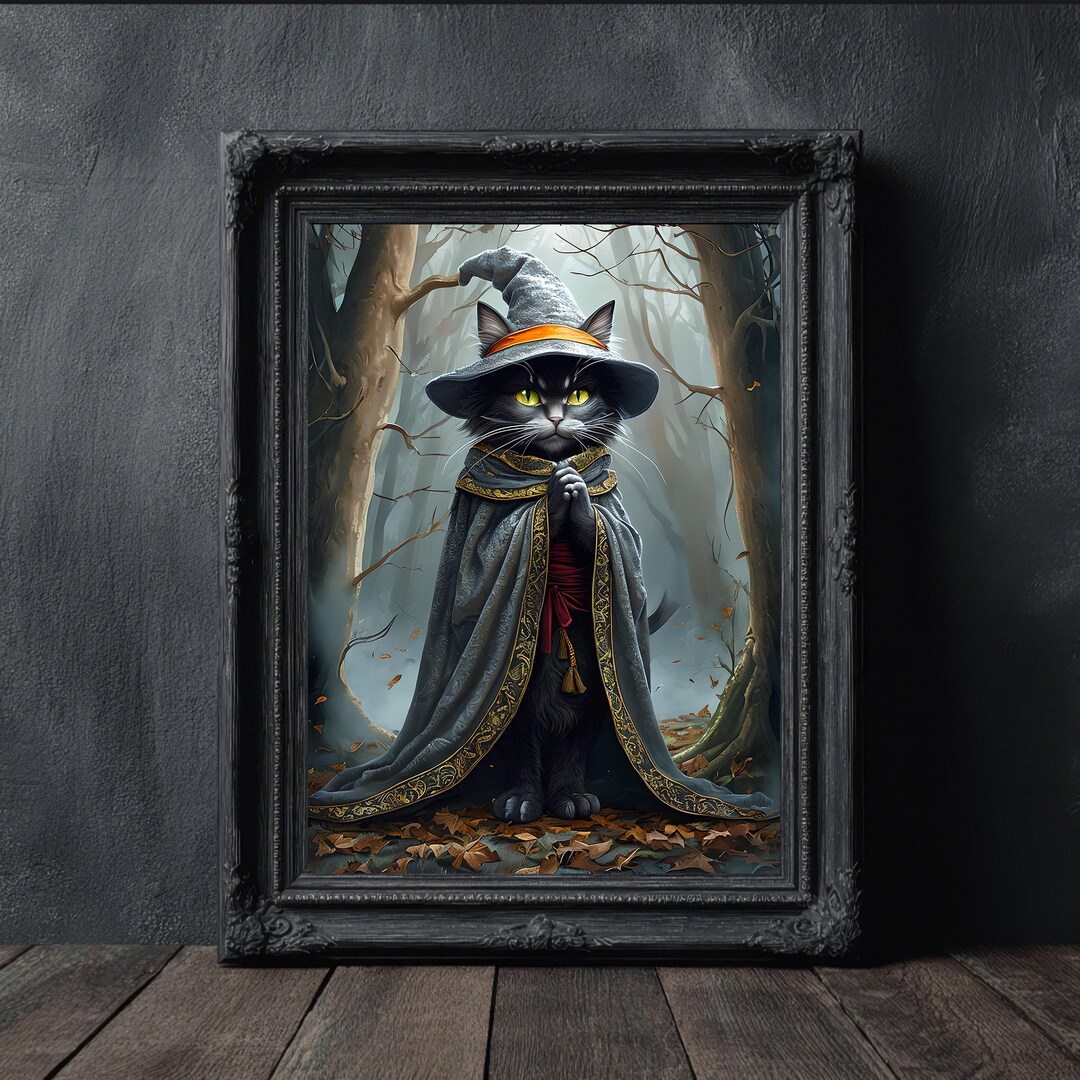 Black Cat Warlock Art Print, Dark Academia Gothic Decor (digital ...