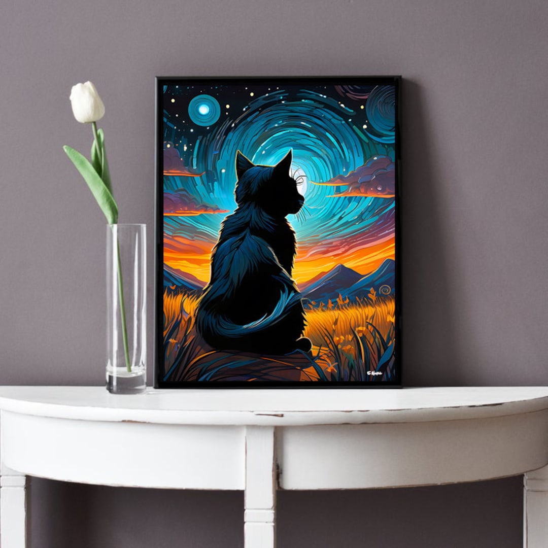 Starry Night Vinny Gazing, Black Cat, Black Cat Art Prints, Watercolor ...