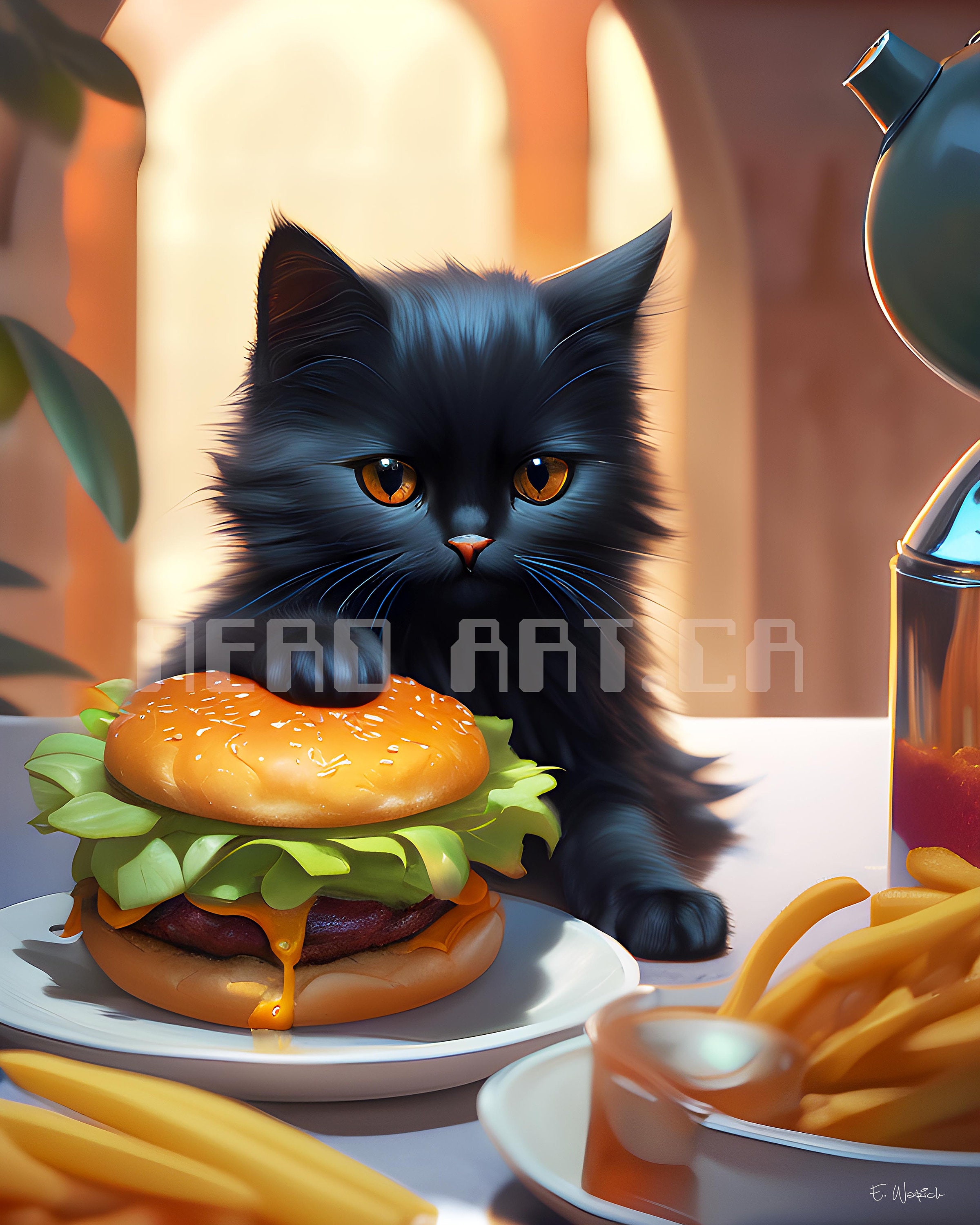Burger for One Art Print, Black Cat Art, Cat Eating Hamburger Art, Cute ...