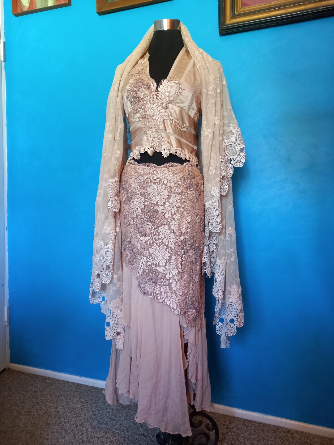 Boho Bridal Silk 3-piece Set: Halter Top, Lace Shawl, Beaded Skirt (s ...