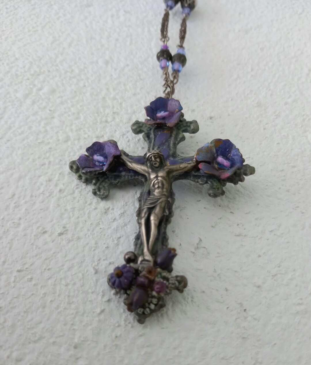 Jeweled Crucifix Necklace: Silver, Purple, & Czech Glass Beads - Etsy