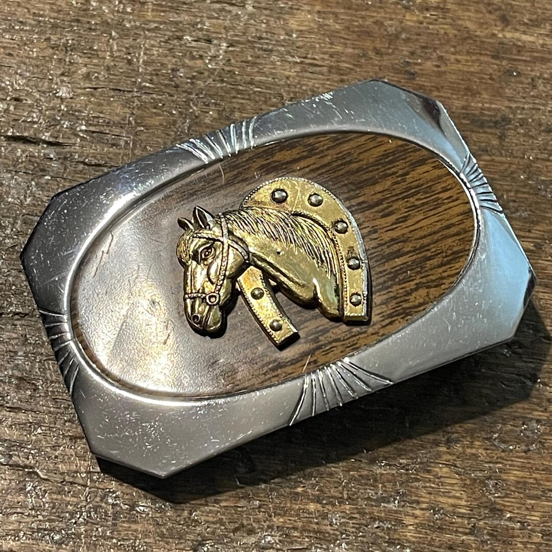 Vintage Buckle Horse Head With Horseshoe Western Themed Chrome and ...