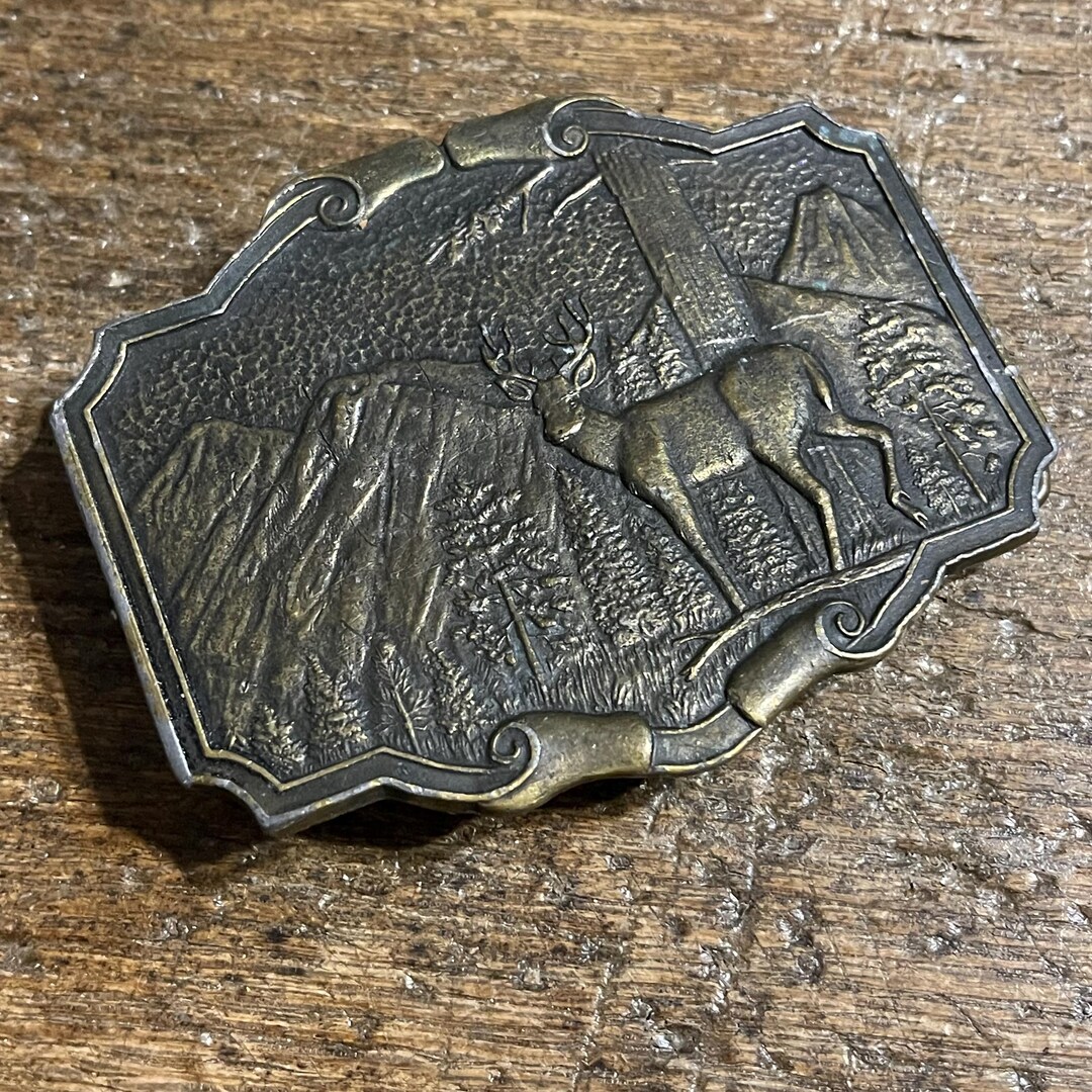 Vintage Deer Buck Wilderness Mountains Scenic Raised Design Brass ...