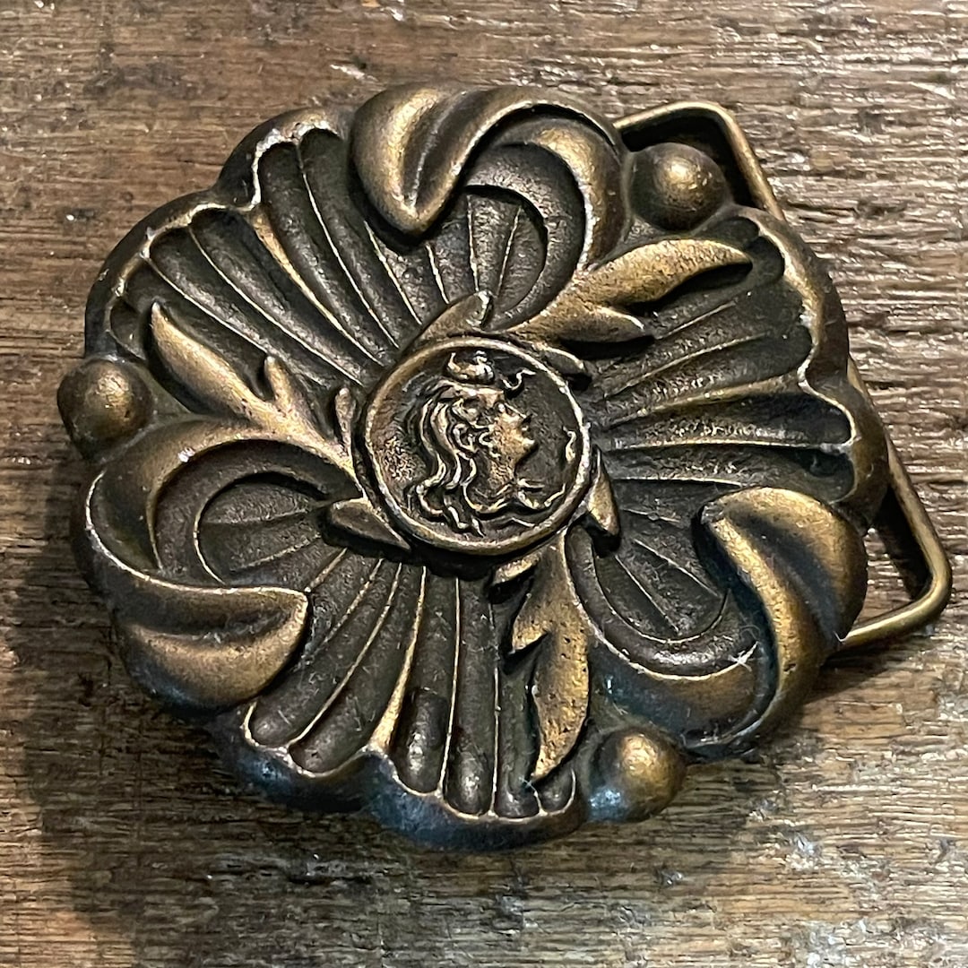 Artistic Vintage Flower and Vines Woman Cameo Brass Colored Belt Buckle ...