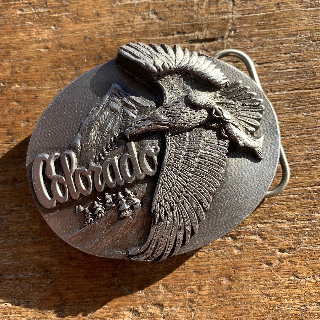 Vintage Belt Buckle Colorado Flying Eagle Raised Design Pewter Colored ...