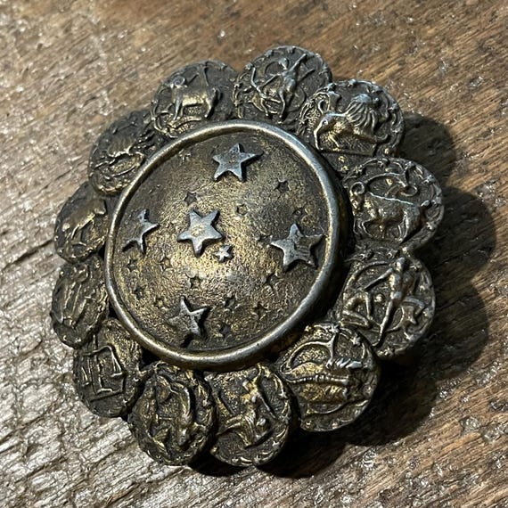 Vintage buckle Stars and Zodiac Symbols raised design… - Gem