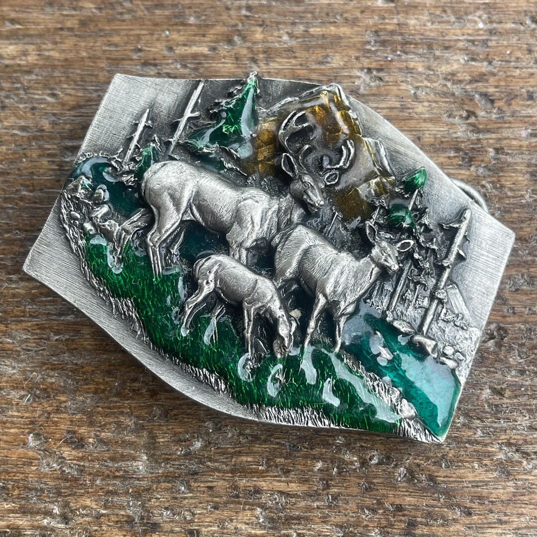 Vintage Deer in Wilderness Scene Enameled Belt Buckle Siskiyou 1989 - Etsy