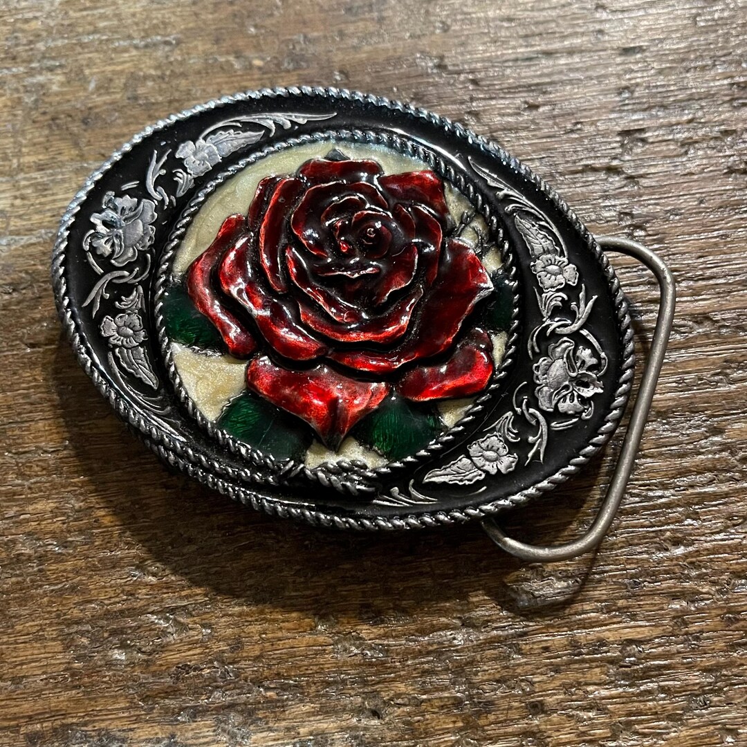 Vintage Buckle Red Rose Raised Design Pewter Colored Enameled Belt ...