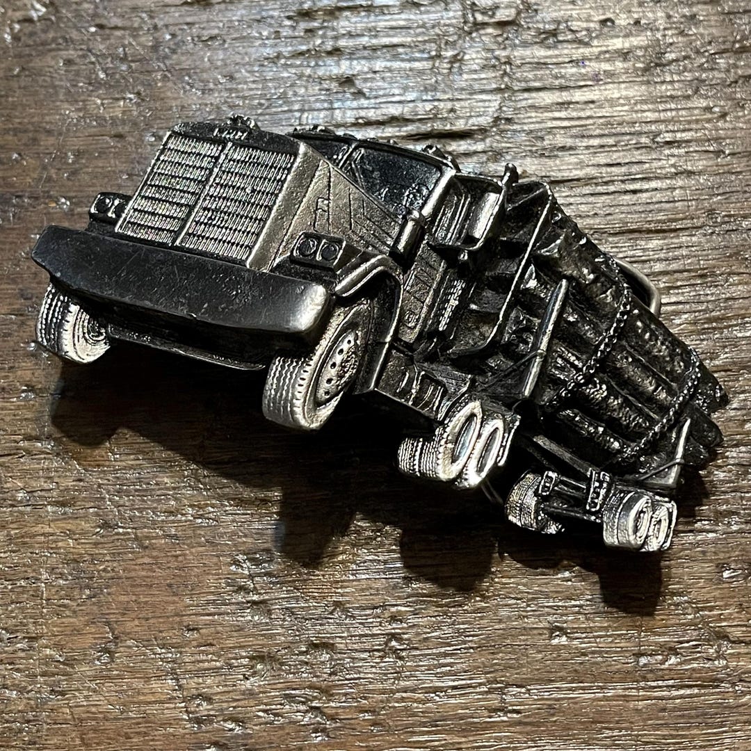 Vintage Buckle Tractor Trailer Log Cartier Truck Figural Pewter Colored ...