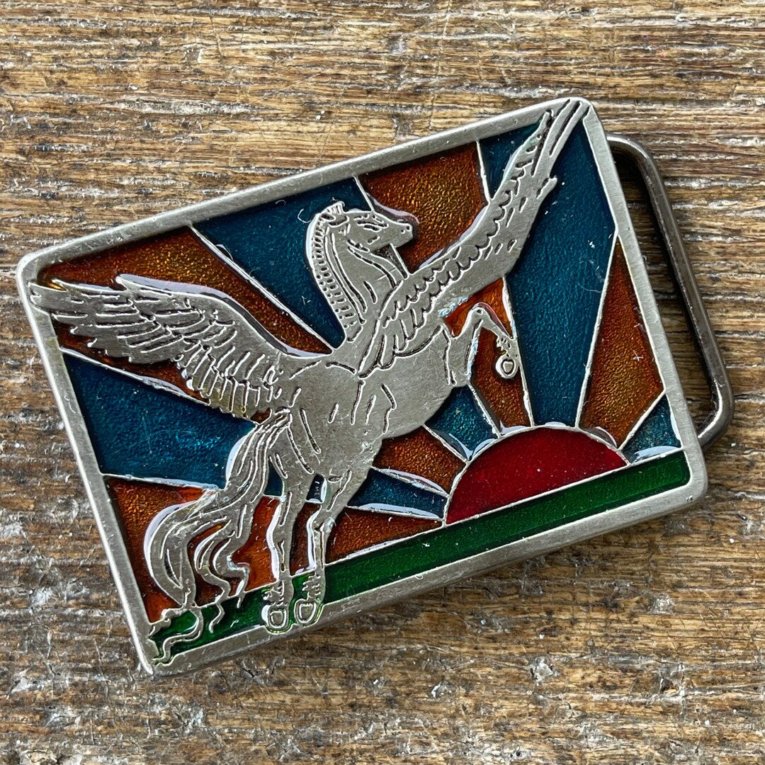 Vintage Buckle Fantasy Pegasus Sunrise Sunset Enameled Pewter Colored ...