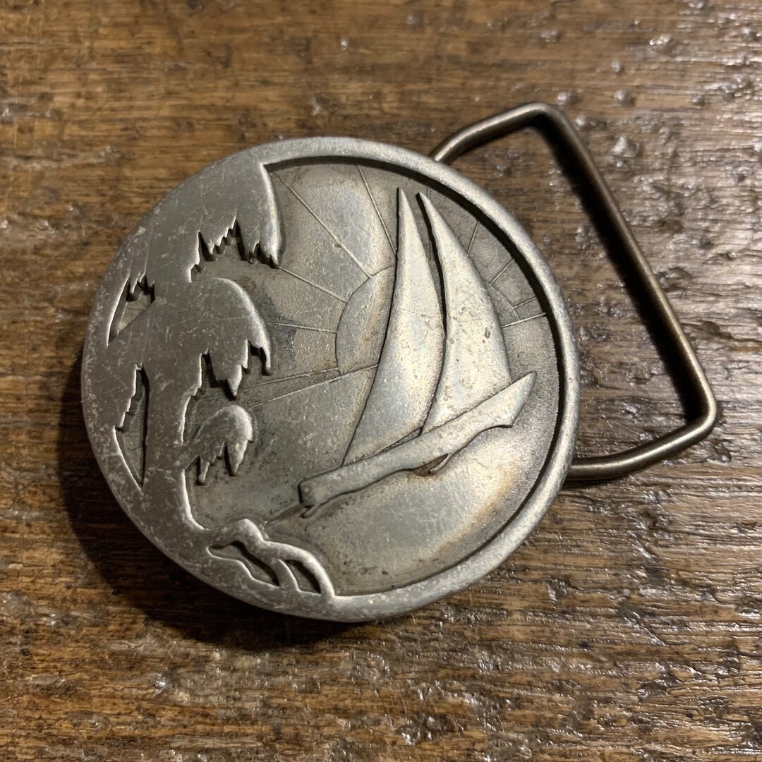Vintage Buckle Nautical Sail Boat Beach and Palm Tree Ocean Sun Scenic ...