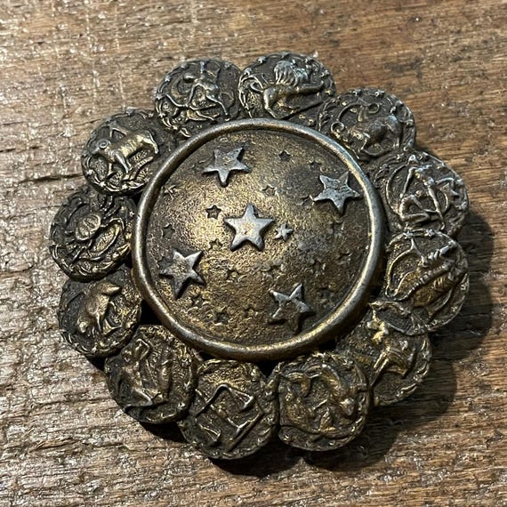 Vintage buckle Stars and Zodiac Symbols raised design… - Gem