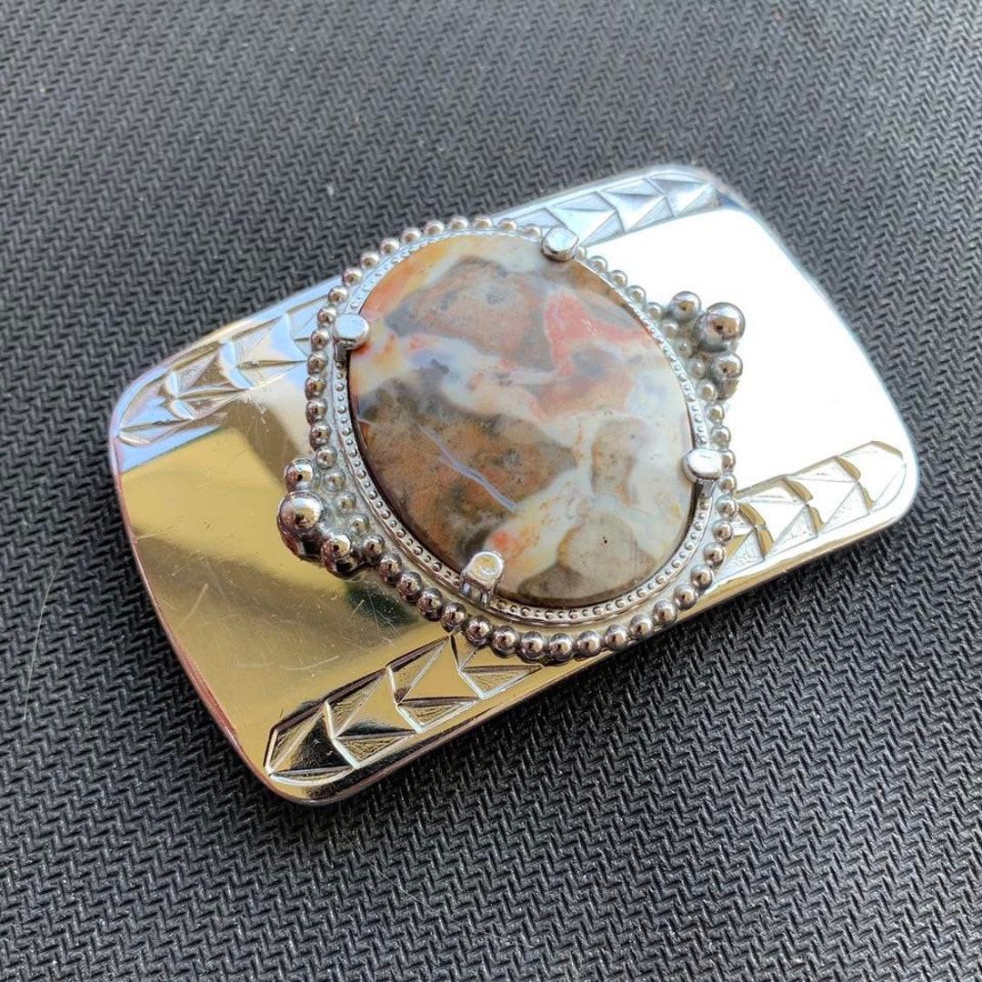 Vintage Silver Chrome Toned and Real Stone Cabochon Belt Buckle - Etsy
