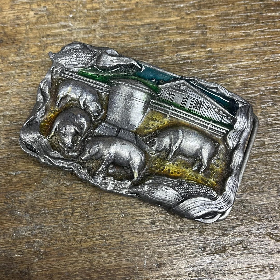 Vintage Pigs in Farm Barnyard Raised Design Pewter Colored Enameled ...