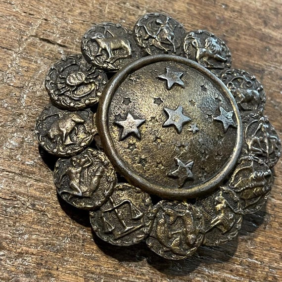 Vintage buckle Stars and Zodiac Symbols raised design… - Gem