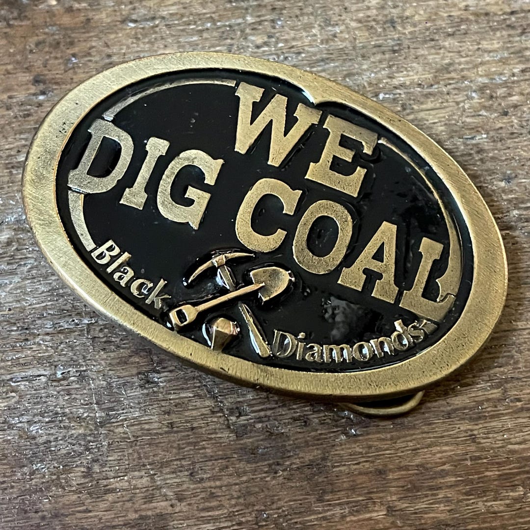 Vintage We Dig Coal Black Diamonds Brass Colored Enameled Belt Buckle ...