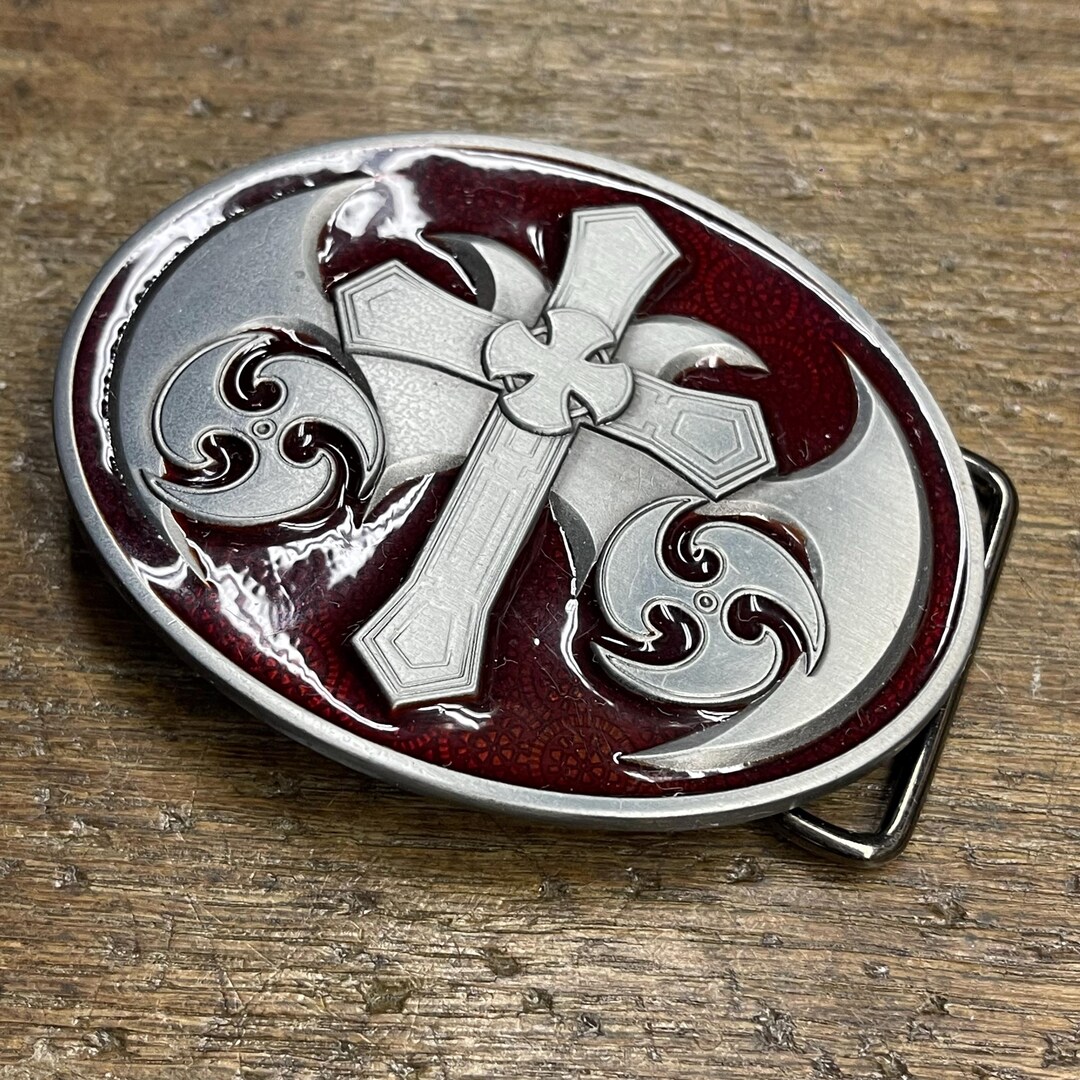 Iron Gothic Cross Curved Tribal Design Large Pewter Colored Red ...