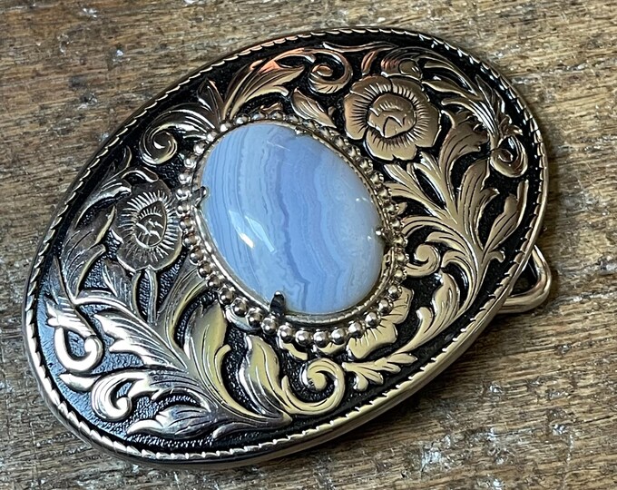 Vintage Buckle With Blue Stone Cabochon Silver Colored Enameled Base ...