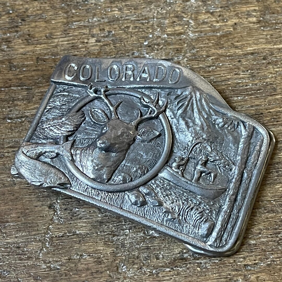 Vintage Colorado Raised Design Deer and Fishing in Wilderness Pewter ...