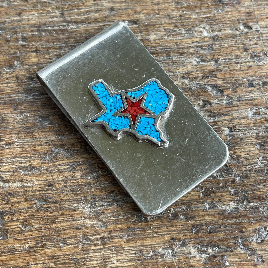 Vintage Texas State Shaped Turquoise Chip Inset Design Silver Colored ...