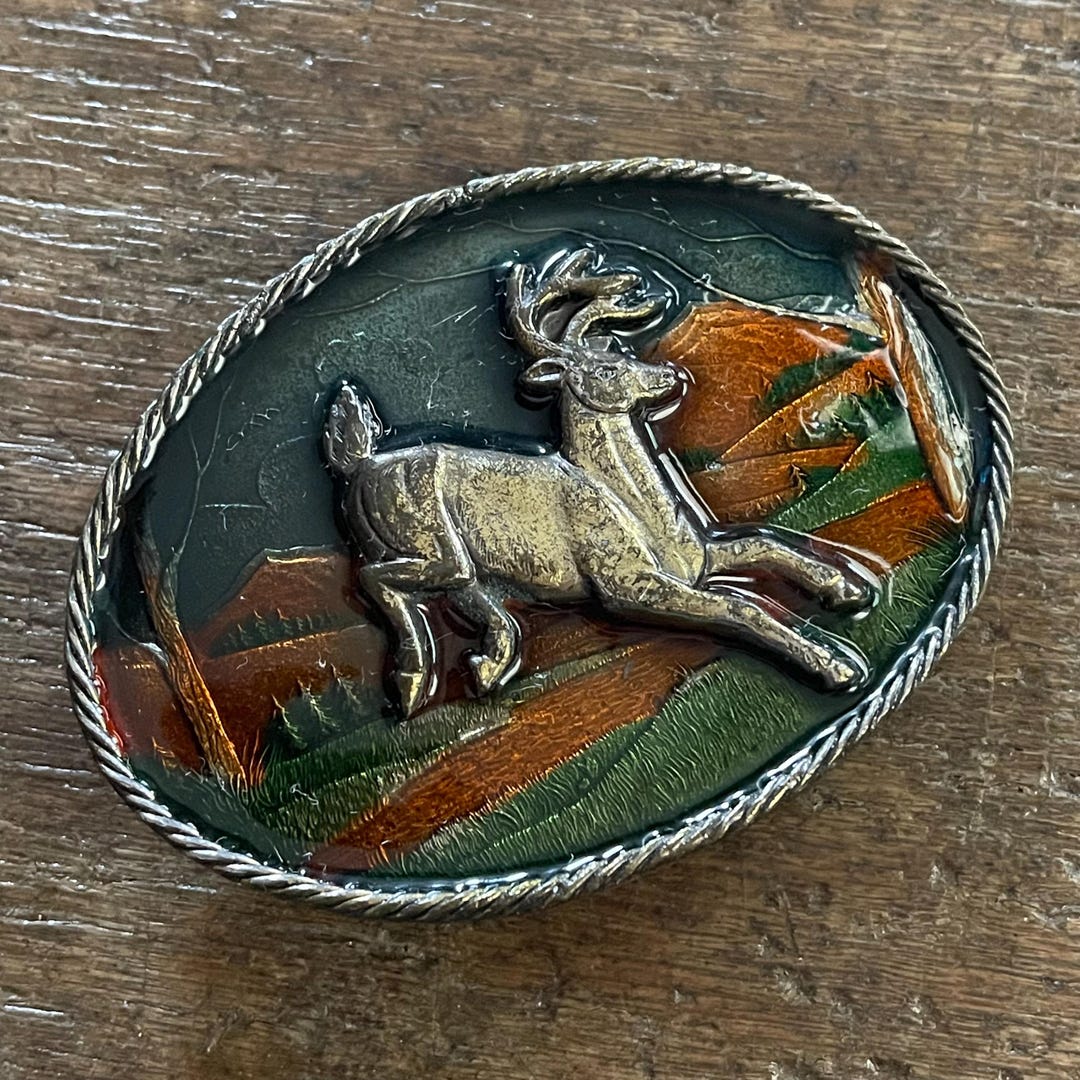 Vintage Running Deer Hunting Wilderness Scene Enameled Belt Buckle - Etsy