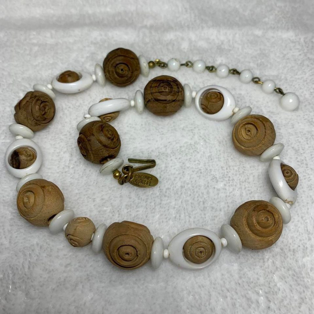 Vintage Miriam Haskel Carved Wood and White Plastic Necklace - Etsy
