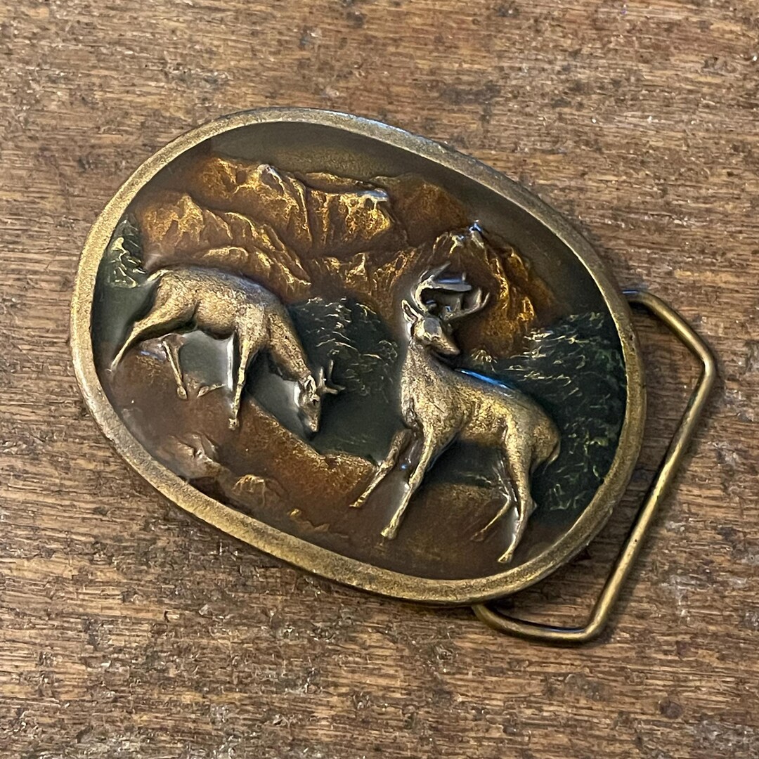 Vintage Deer in Wilderness Scene Enameled Belt Buckle Indiana Metal ...