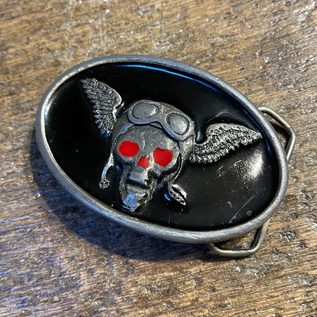 Vintage Belt Buckle Winged Skull Pilot Pewter Colored Enameled Metal ...