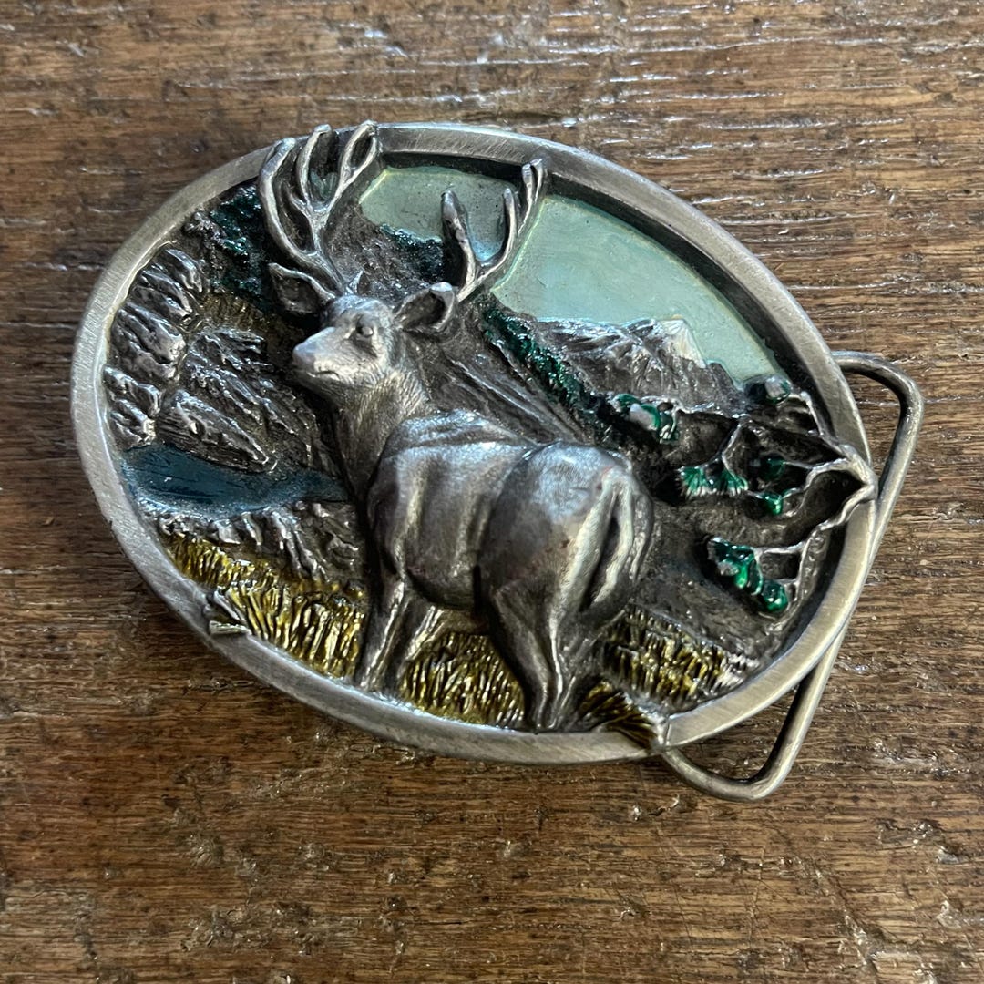 Vintage Deer Hunting Wilderness Scene Enameled Belt Buckle Bergamot ...