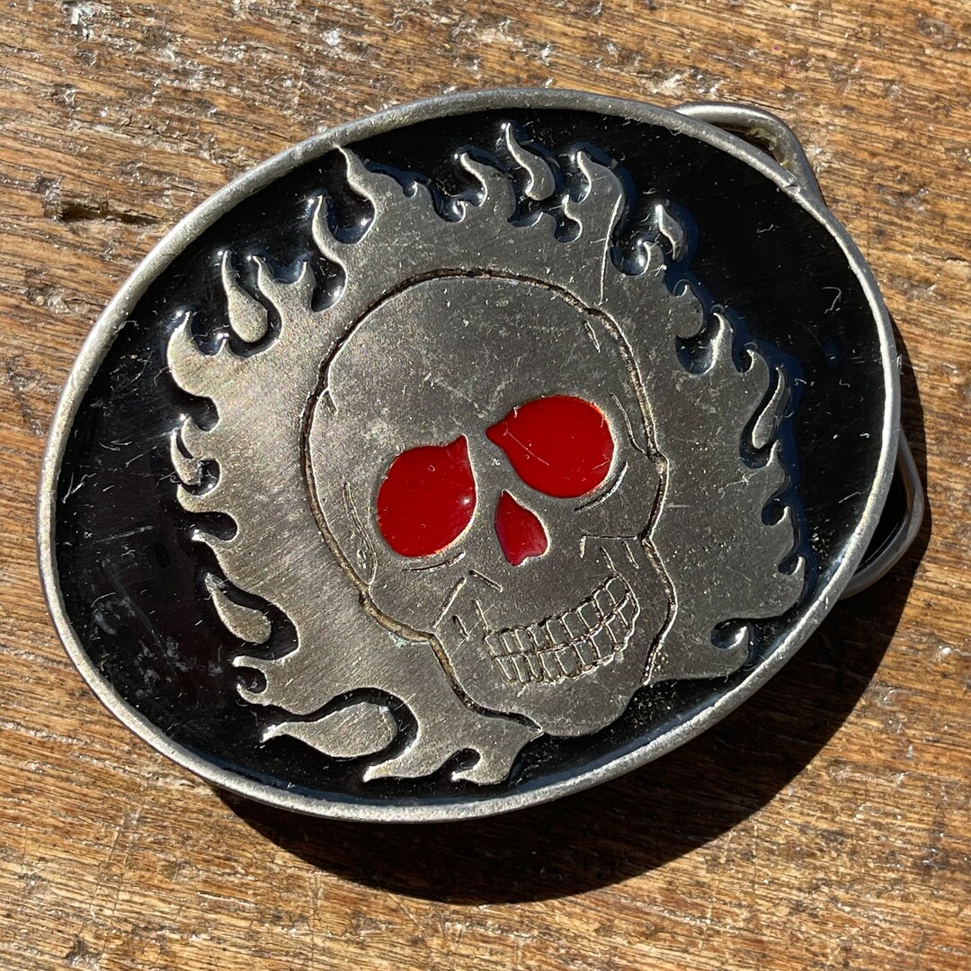 Vintage Flaming Skull Oval Pewter Colored Enameled Belt Buckle - Etsy
