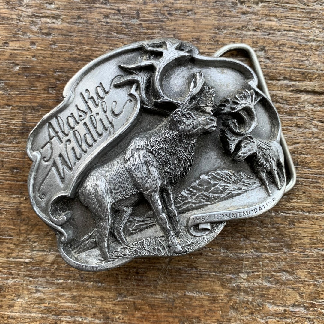 Vintage Alaska Wilderness Inuit Themed Scene Pewter Colored Belt Buckle ...