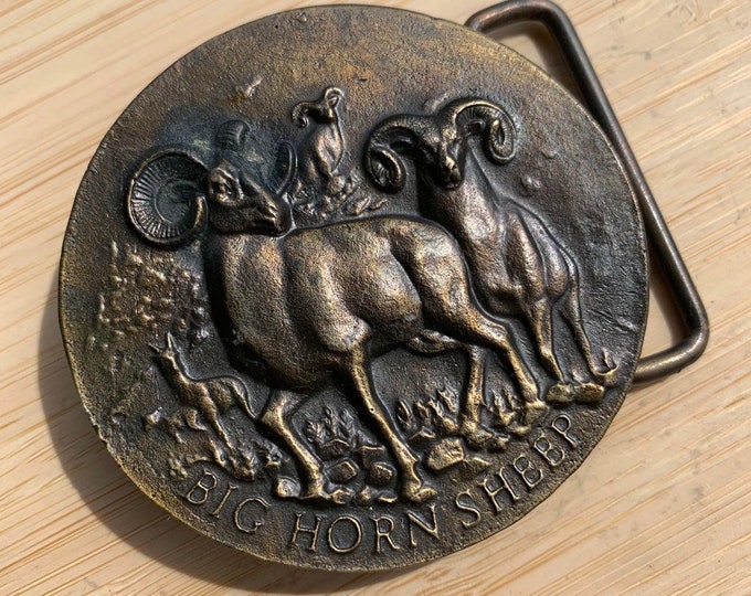 Vintage Belt Buckle Big Horn Sheep Brass Colored Circle Raised Design ...
