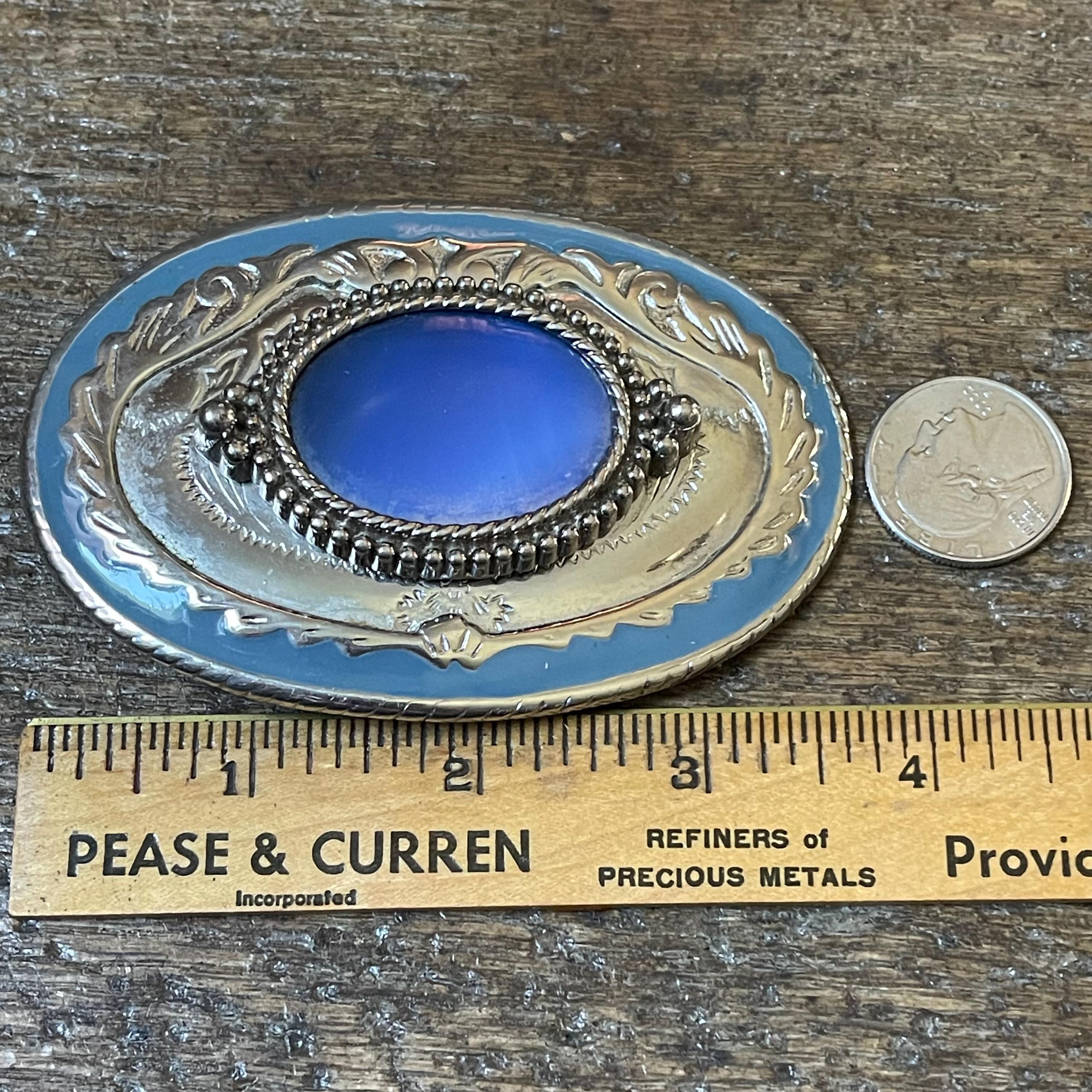 Vintage Buckle With Blue Cabochon and Blue Enameled Base Silver Colored ...