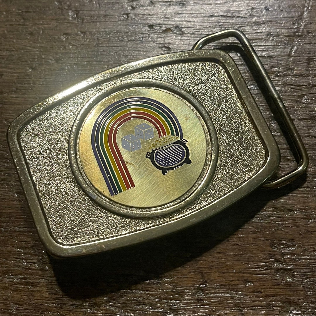 Vintage Rainbow and Pot of Gold Rolling Dice Gold Colored Belt Buckle ...