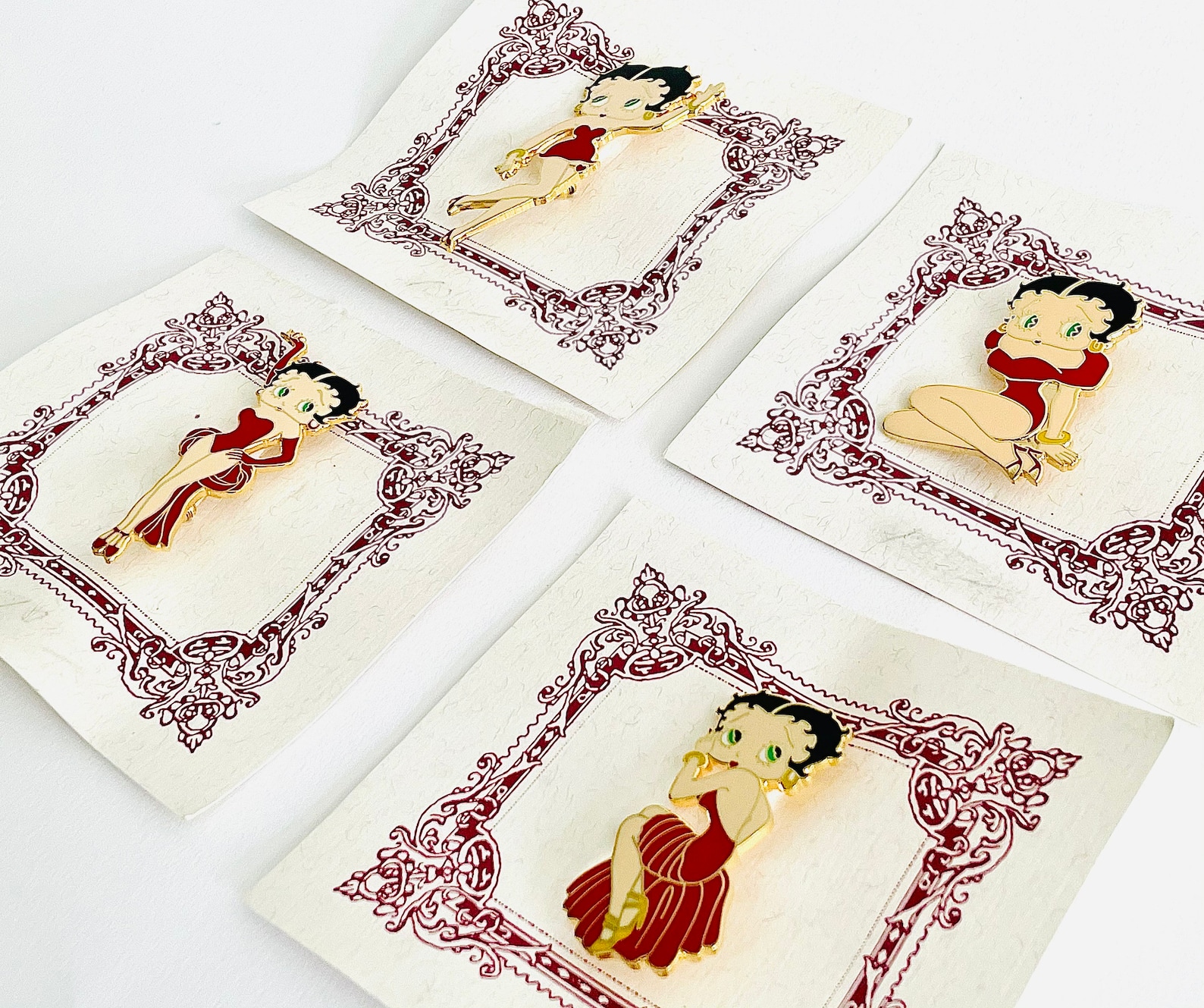 4 Vintage Betty Boop Pin Set, Four Red Dress Pins, Lapel Pin, Cartoon ...
